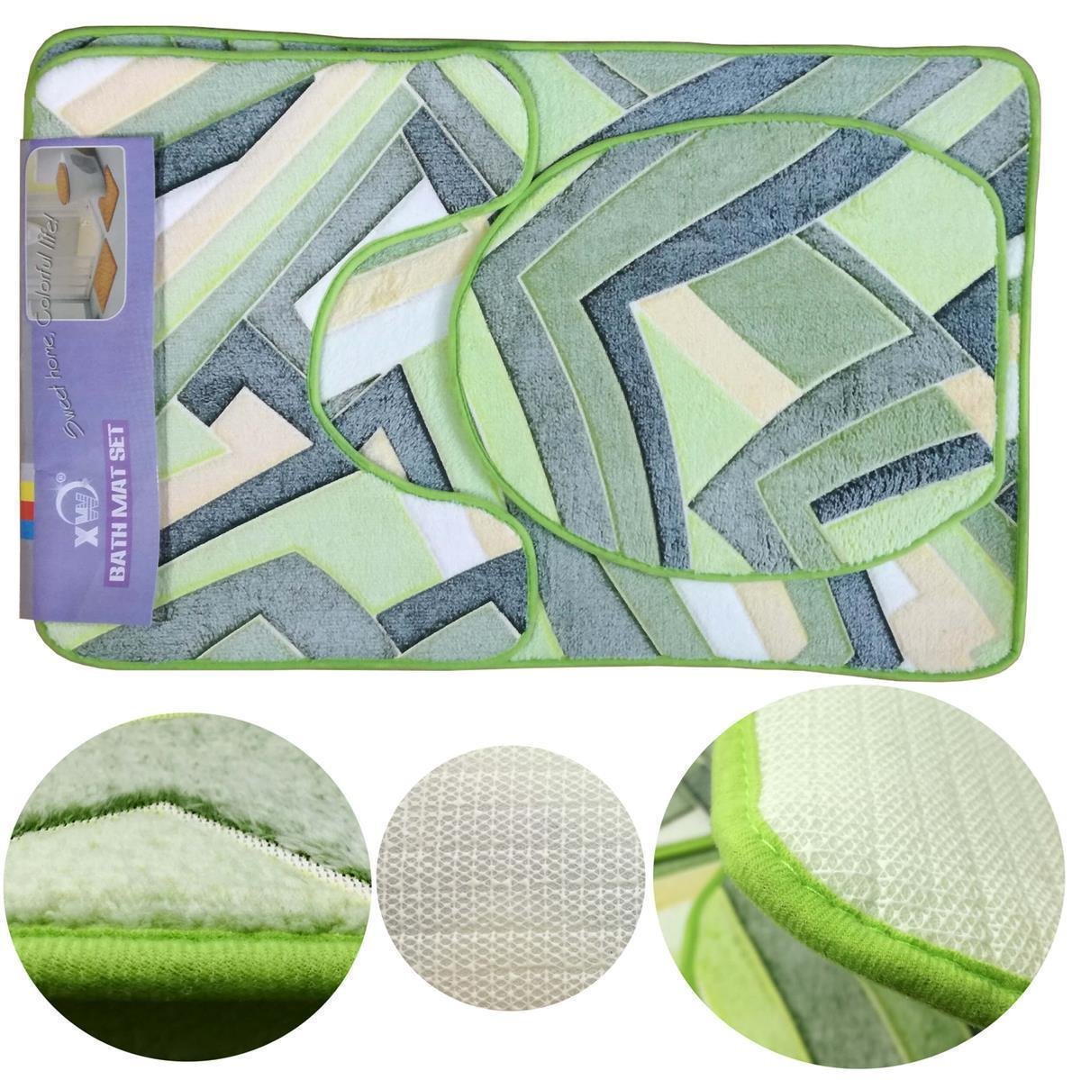 Badgarnitur 3Tlg Set Badematte Grün Weiß Beige Badteppich Badvorleger
